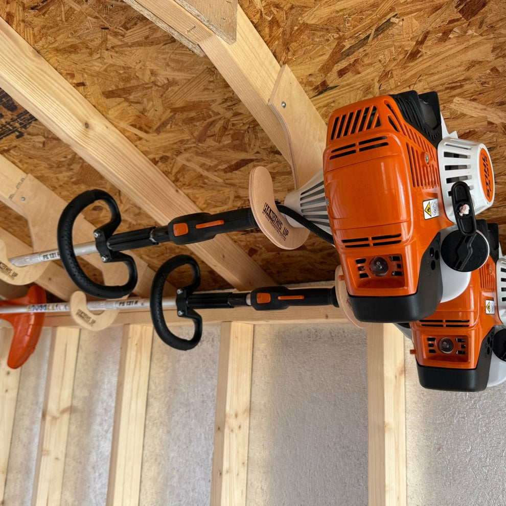 Ceiling Mounted Weed Wacker Rack – Overhead Shed Organizer – HangThis Up